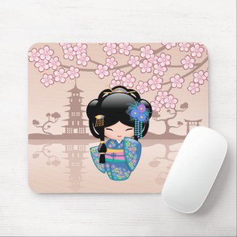 Keiko Kokeshi Doll - Blue Kimono Geisha Girl Mouse Pad | Zazzle