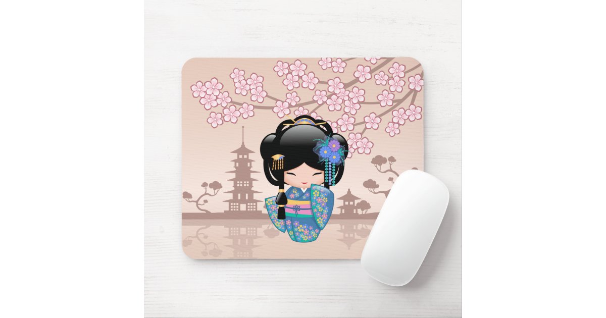 Keiko Kokeshi Doll - Blue Kimono Geisha Girl Mouse Pad | Zazzle