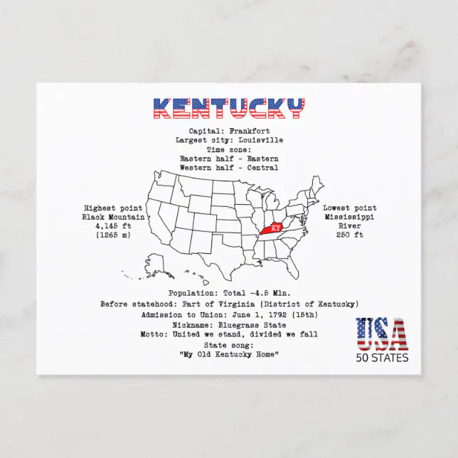 Kentucky American state on a map and useful info Holiday Postcard | Zazzle