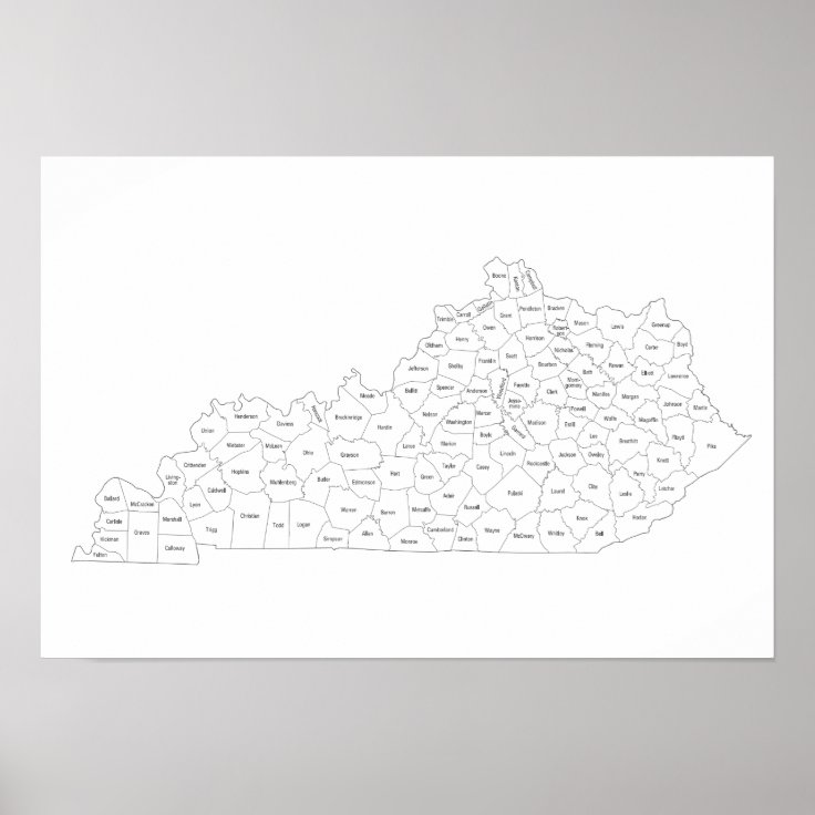 Kentucky counties map with county names poster | Zazzle