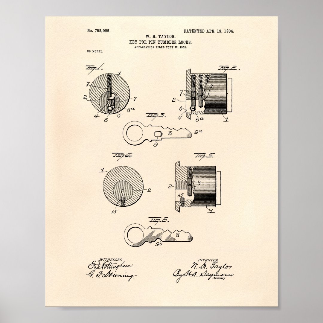 Key Tumbler Locks 1904 Patent Art Old Peper Poster | Zazzle