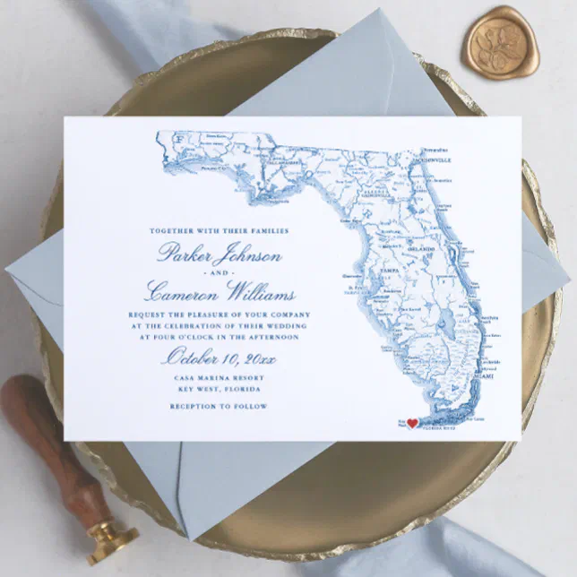 Key West FL Map Elegant Navy Blue Wedding Invitation | Zazzle