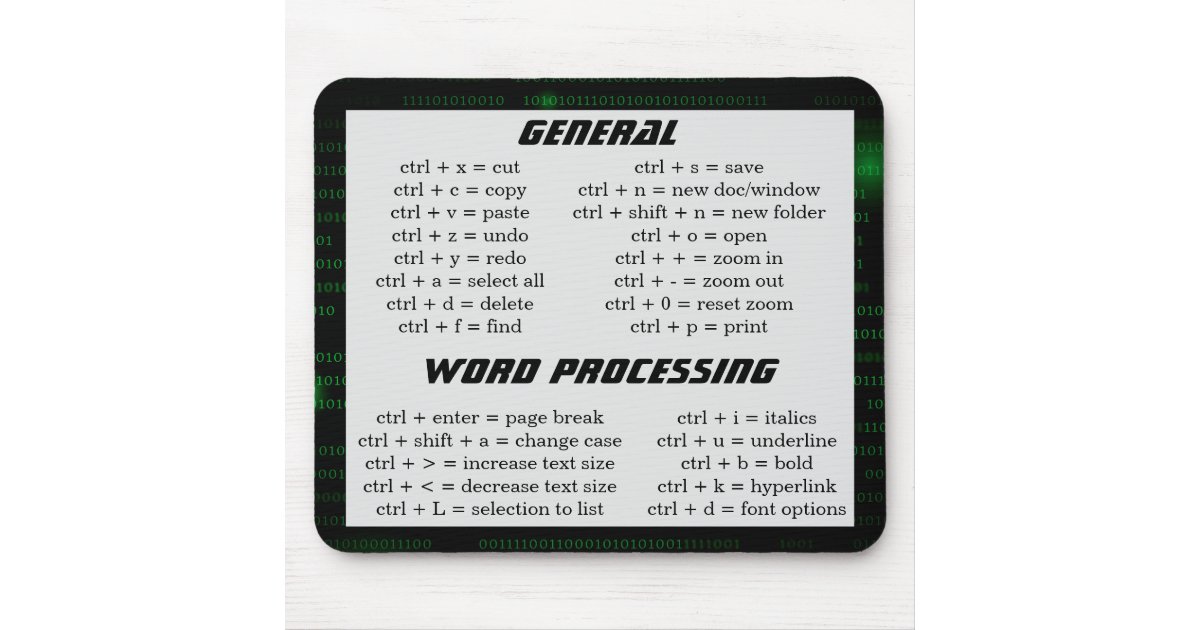 Keyboard Shortcut Cheat Sheet Techy Binary Code Mouse Pad | Zazzle