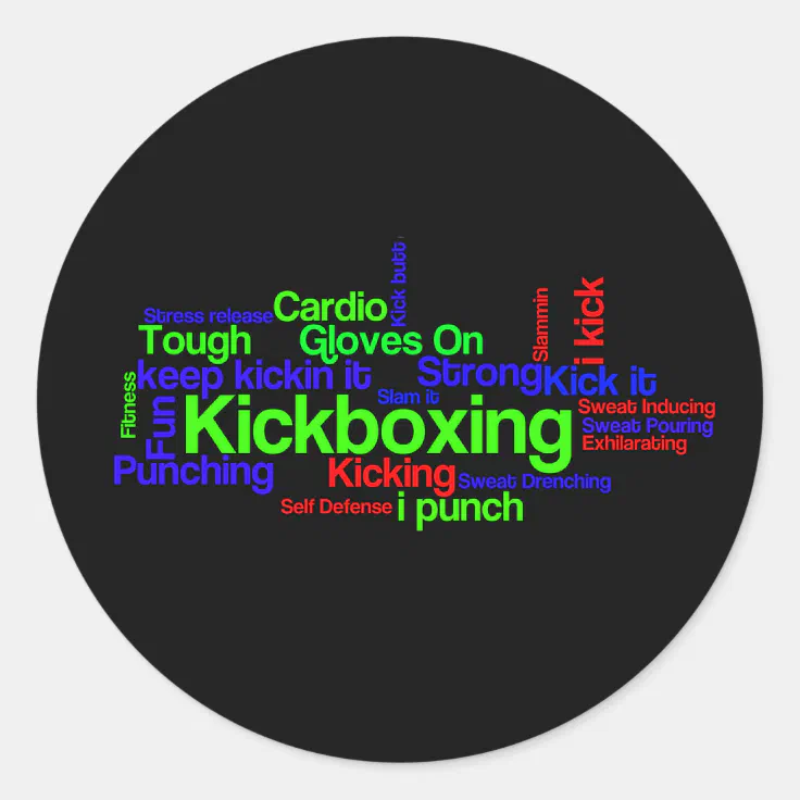 Kickboxing Word Cloud Bright on Black Classic Round Sticker | Zazzle