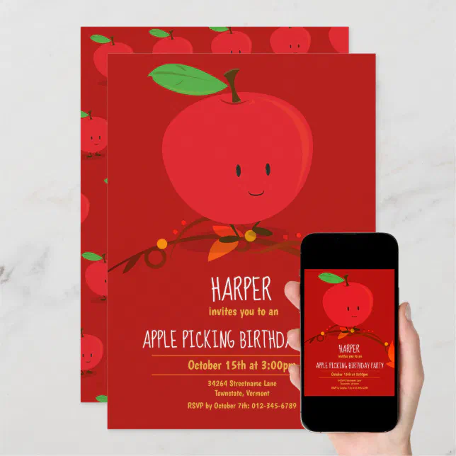Kid’s Red Apple Picking Birthday Party Invitation | Zazzle