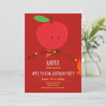Kid’s Red Apple Picking Birthday Party Invitation | Zazzle