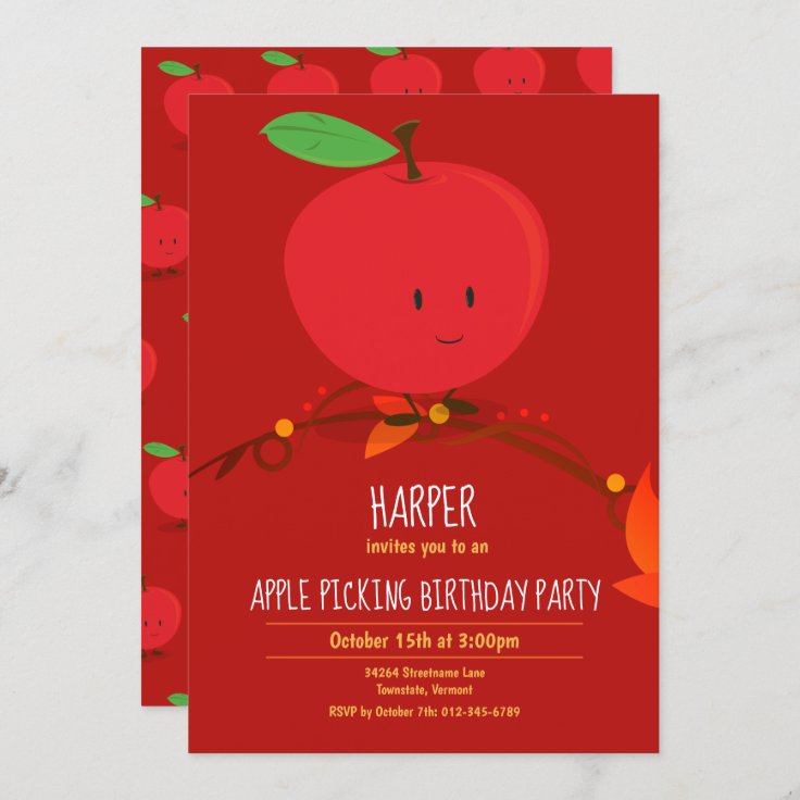Kid’s Red Apple Picking Birthday Party Invitation | Zazzle