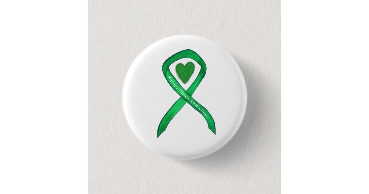 Kidney Disease Awareness Green Ribbon Heart Pins | Zazzle