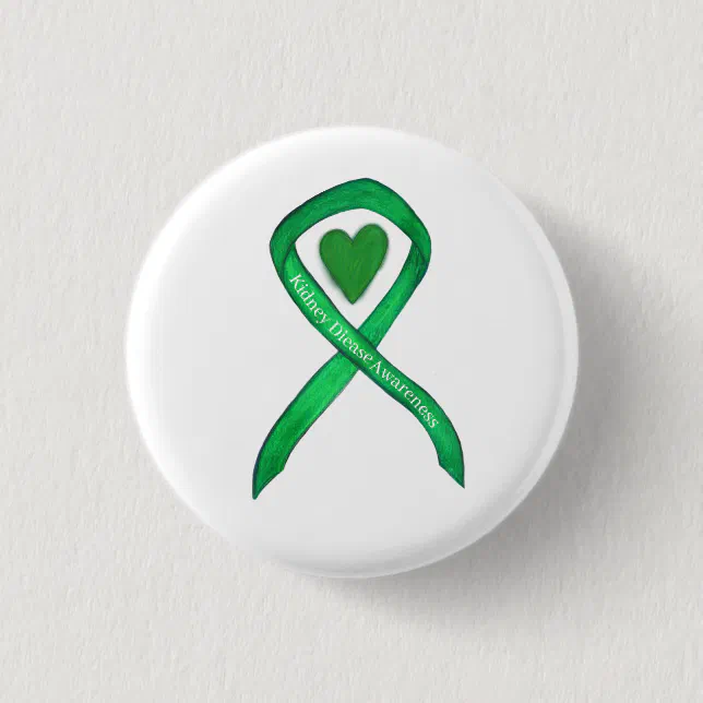 Kidney Disease Awareness Green Ribbon Heart Pins | Zazzle