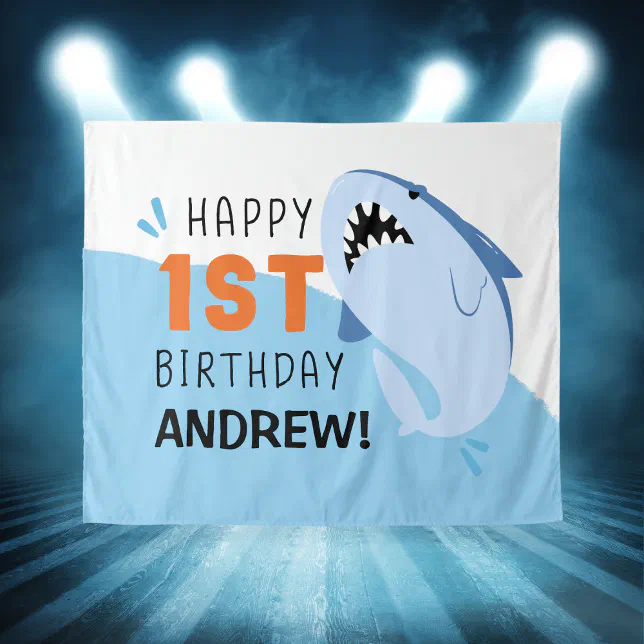 Kids 1st Shark Birthday Party Custom Backdrop Boy | Zazzle