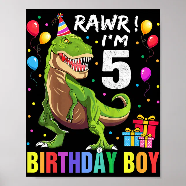 Kids 5 Year Old 5th Birthday Boy T Rex Dinosaur Poster | Zazzle