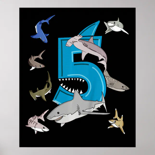 Kids 5th Birthday Boys Shark White Shark Poster | Zazzle