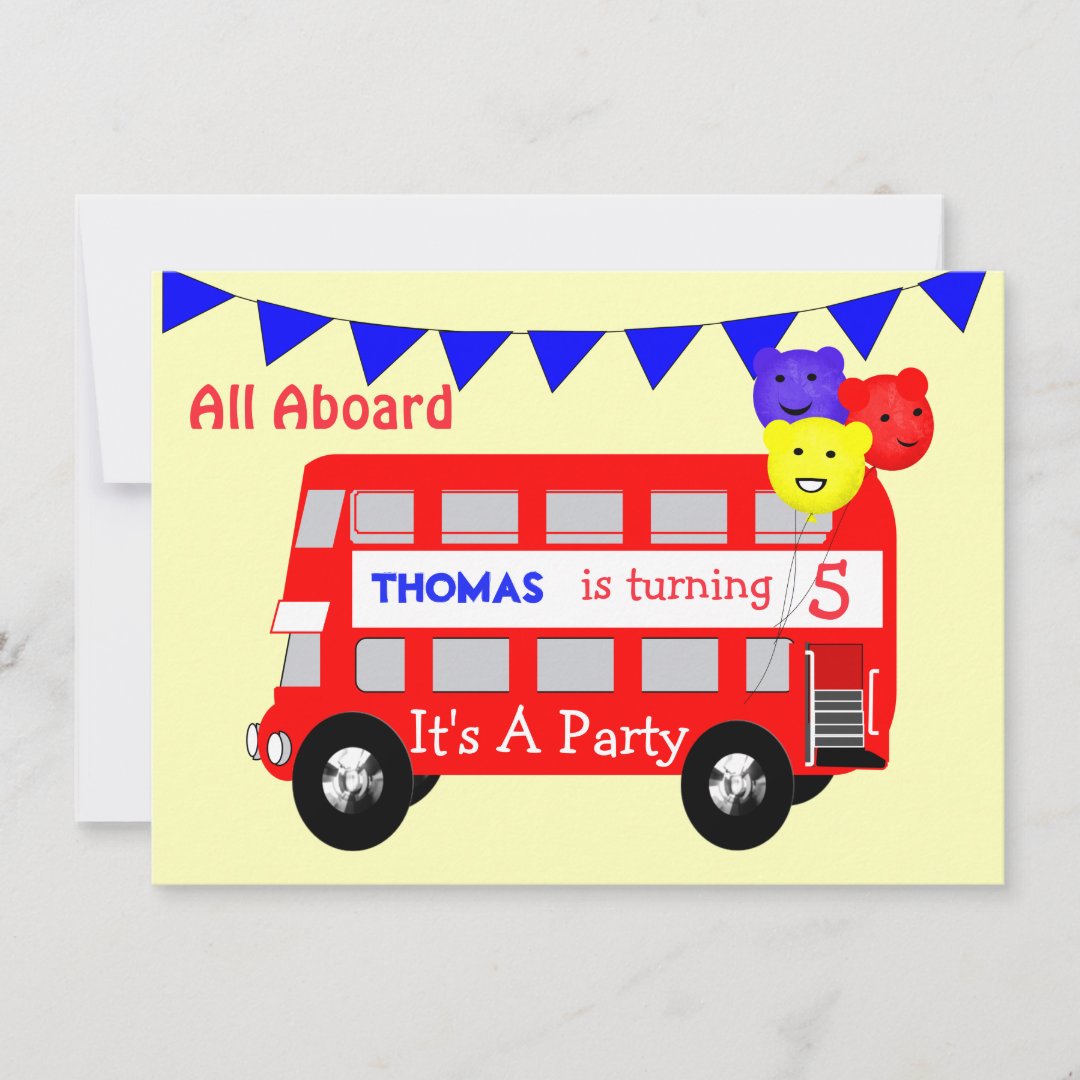 Kids All Aboard Big Red Bus Party Invitation | Zazzle