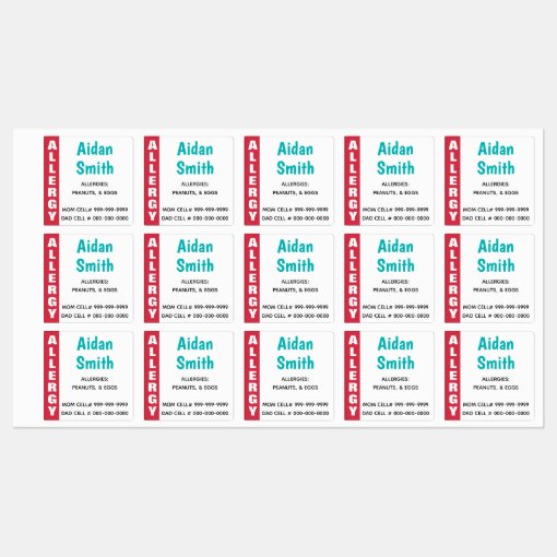 Kids Allergy Emergency Contact School Daycare Kids' Labels | Zazzle
