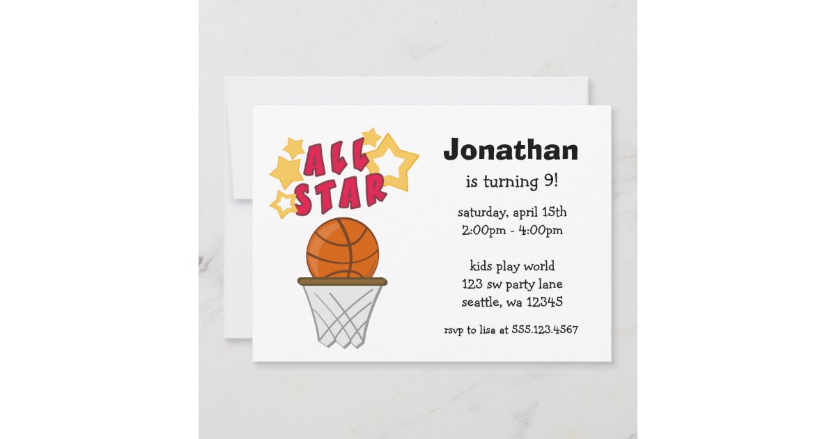 Kids Basketball All Star Birthday Party Invitation | Zazzle