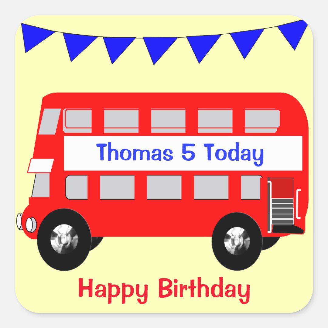 Kids Big Red Bus Happy Birthday Square Sticker | Zazzle