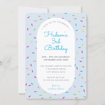 KIDS BIRTHDAY colorful boy sprinkles border blue Invitation | Zazzle