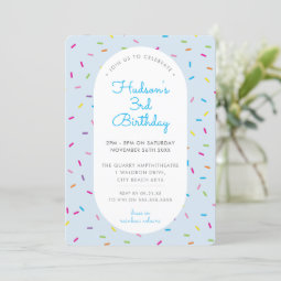 KIDS BIRTHDAY colorful boy sprinkles border blue Invitation | Zazzle