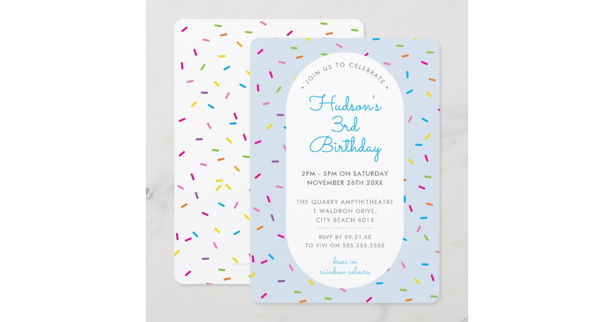 KIDS BIRTHDAY colorful boy sprinkles border blue Invitation | Zazzle