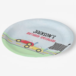 Kids Birthday Cute Boy Cartoon Race Cars Custom Paper Plates | Zazzle