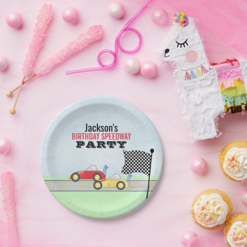 Kids Birthday Cute Boy Cartoon Race Cars Paper Plates | Zazzle