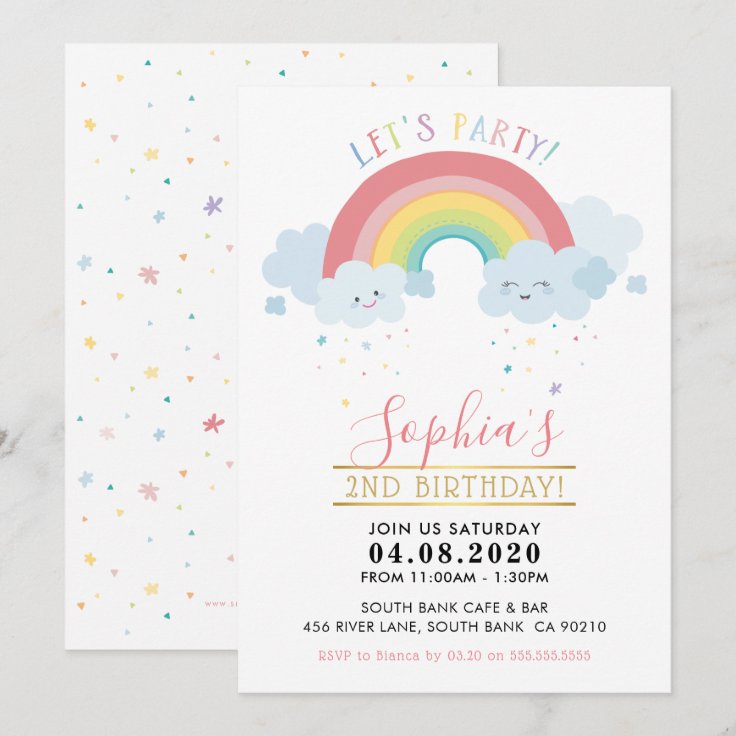 KIDS BIRTHDAY PARTY INVITE pastel rainbow clouds | Zazzle