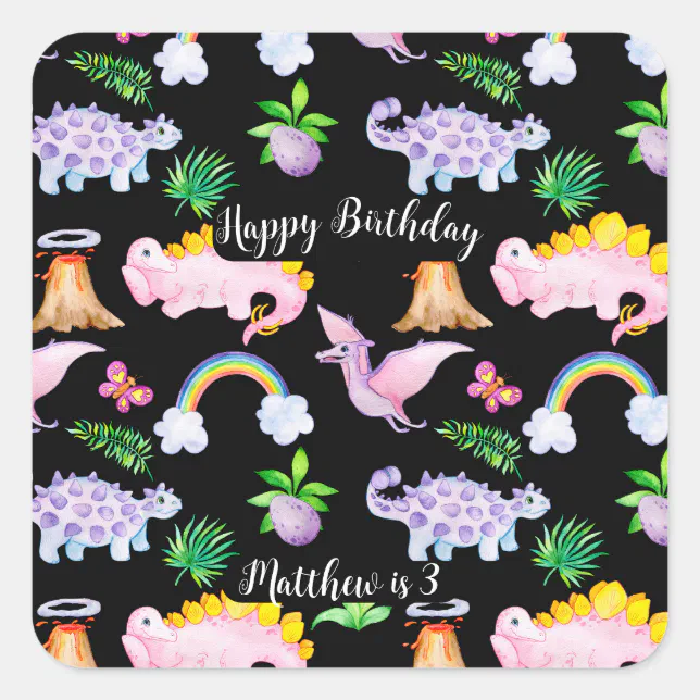 Kids' Black Dinosaur Rainbow Watercolor Jungle Square Sticker | Zazzle