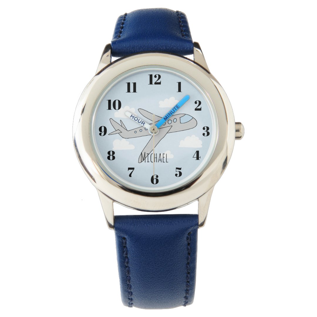 Kids Blue Airplane Cartoon and Name Boys Watch | Zazzle