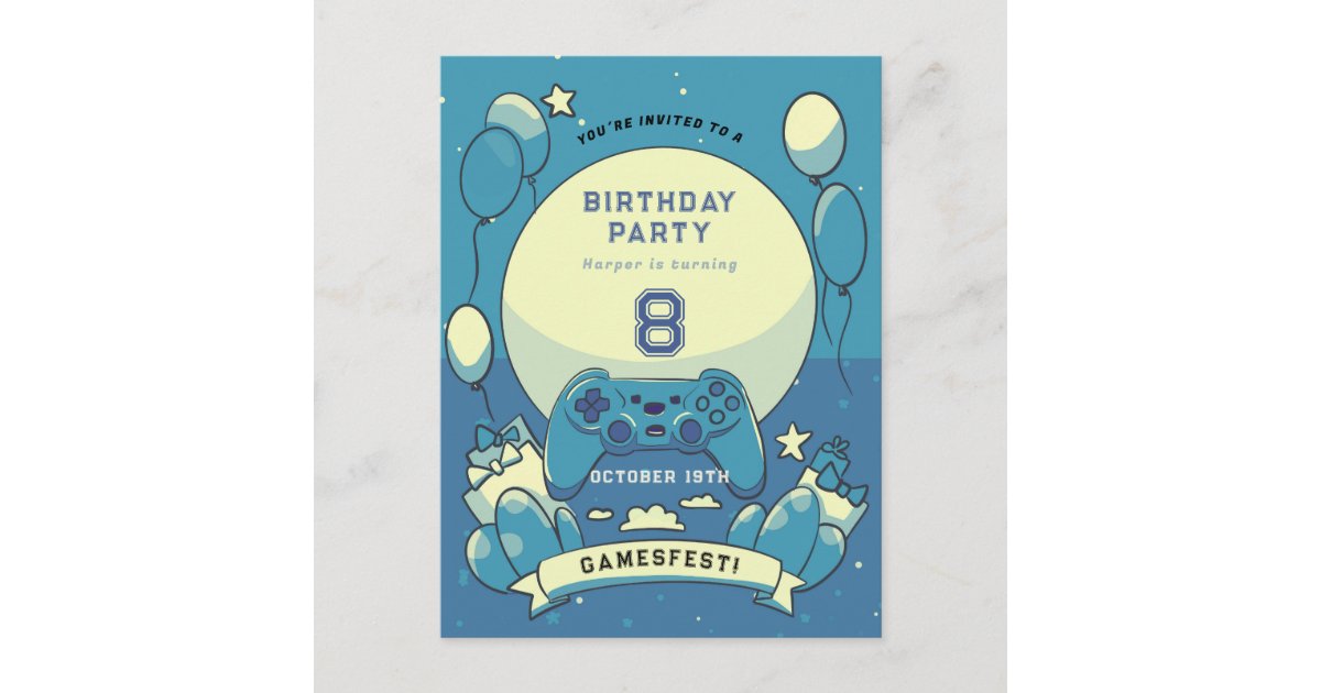 Kids blue gamesfest birthday invitation postcard | Zazzle
