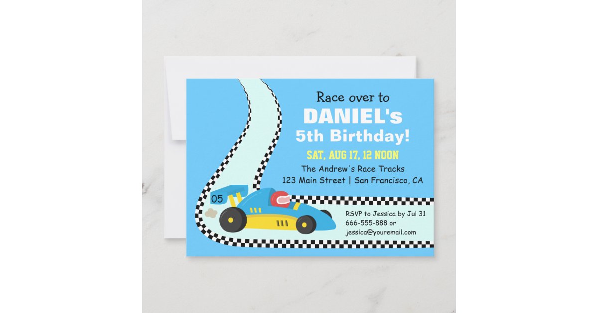 Kids Blue Race Car Birthday Party Invitations | Zazzle