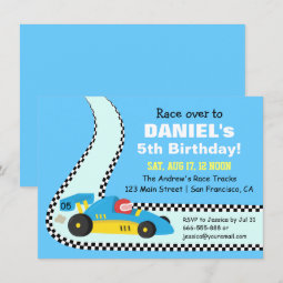 Kids Blue Race Car Birthday Party Invitations | Zazzle