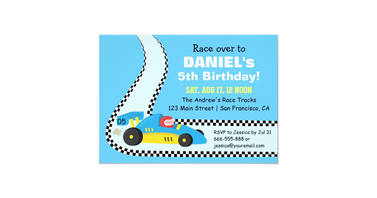 Kids Blue Race Car Birthday Party Invitations | Zazzle.com