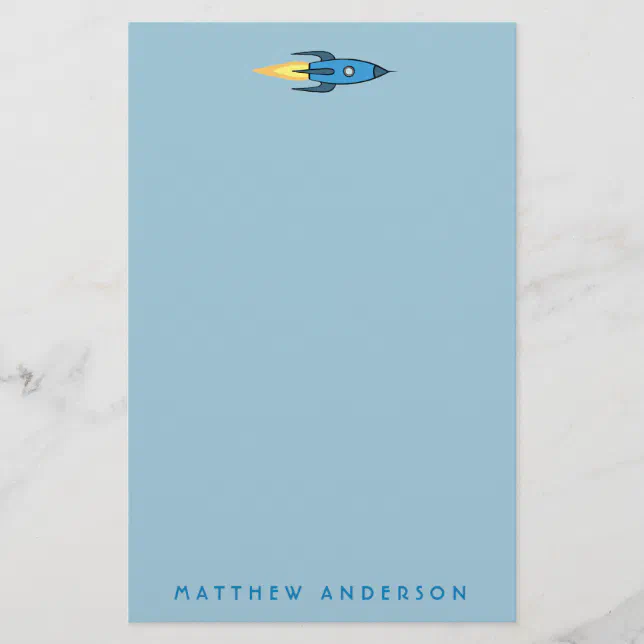 Kids Blue Rocket Ship Outer Space Boy Cute Modern Stationery | Zazzle