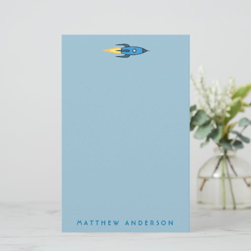 Kids Blue Rocket Ship Outer Space Boy Cute Modern Stationery | Zazzle