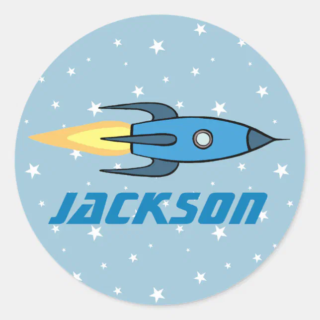 Kids Blue Rocket Ship Outer Space Personalized Boy Classic Round ...