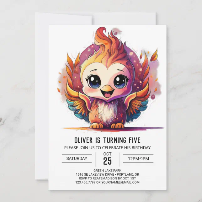 Kids Boho Phoenix Watercolor Birthday Invitation | Zazzle