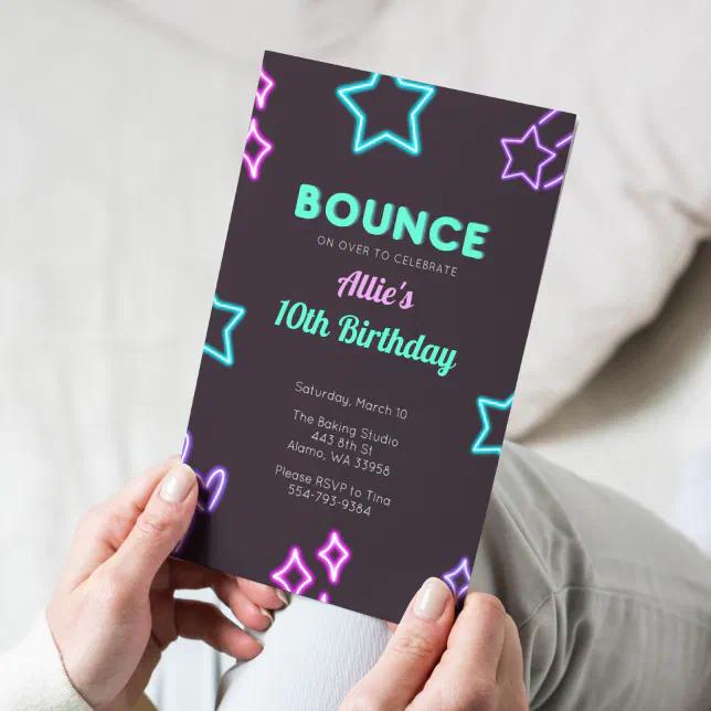 Kids Bounce Neon Glow Birthday Party Invitation | Zazzle