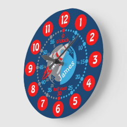 Kids boys learn to tell time blue red space clock | Zazzle