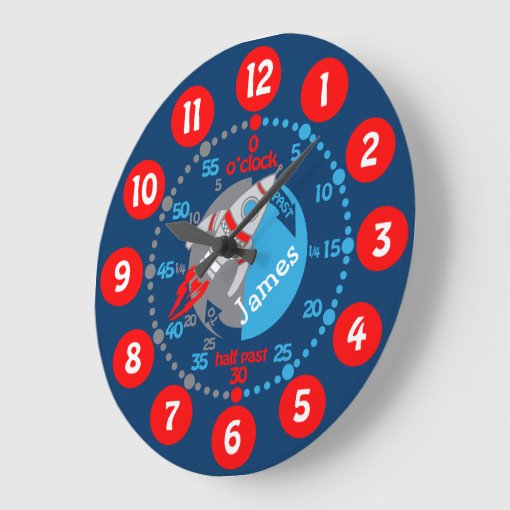 Kids boys learn to tell time blue red space clock | Zazzle