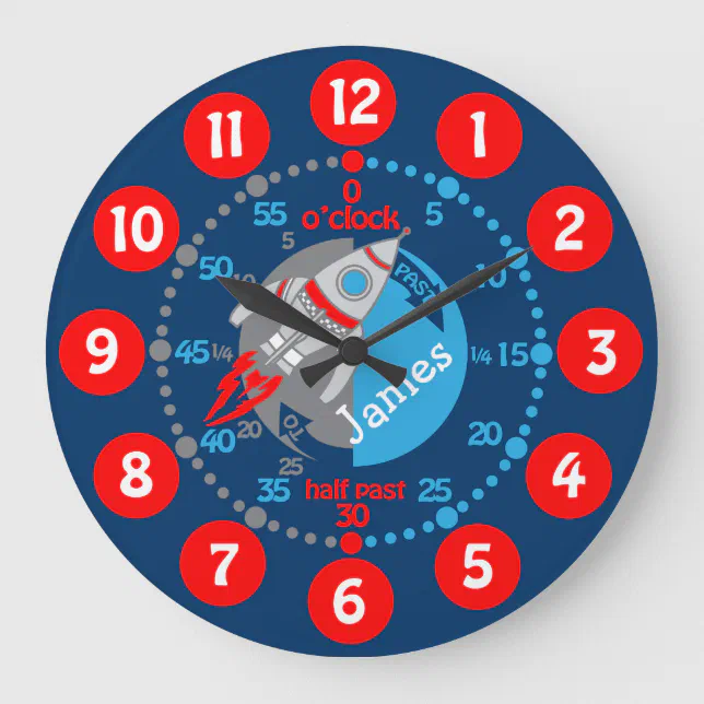Kids boys learn to tell time blue red space clock | Zazzle