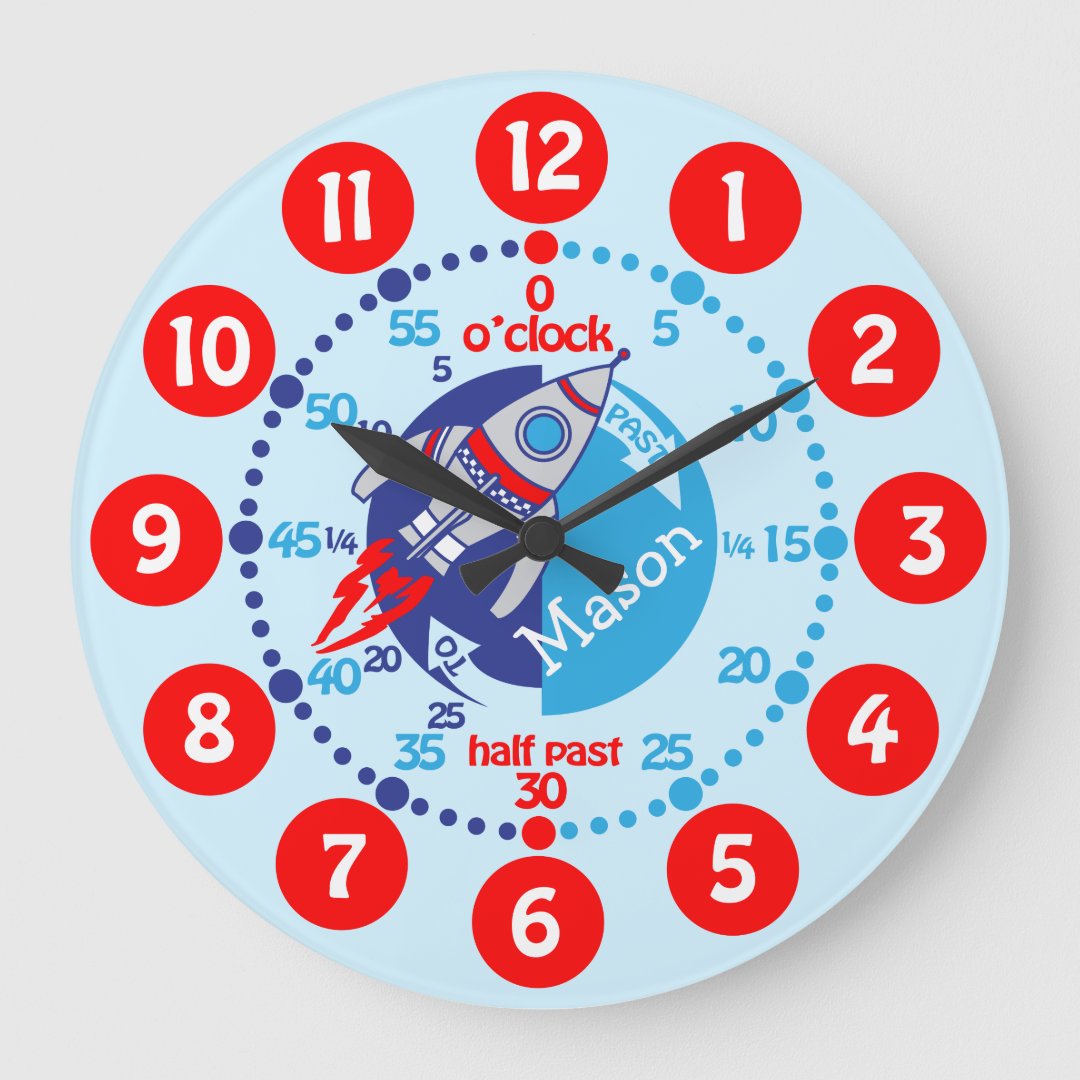 Kids boys learn to tell time blue red space clock | Zazzle