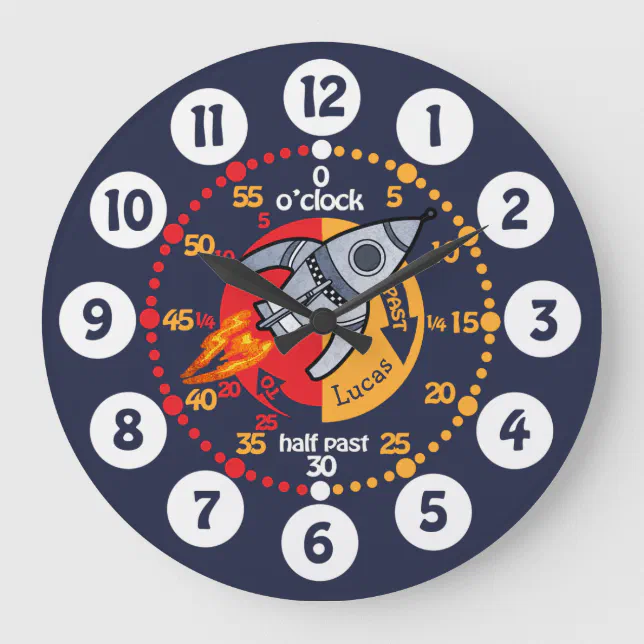 Kids boys learn to tell time space rocket clock | Zazzle