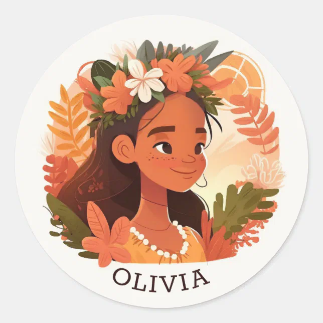 Kids cartoon hawaiian girl. Floral tropical lei Classic Round Sticker ...