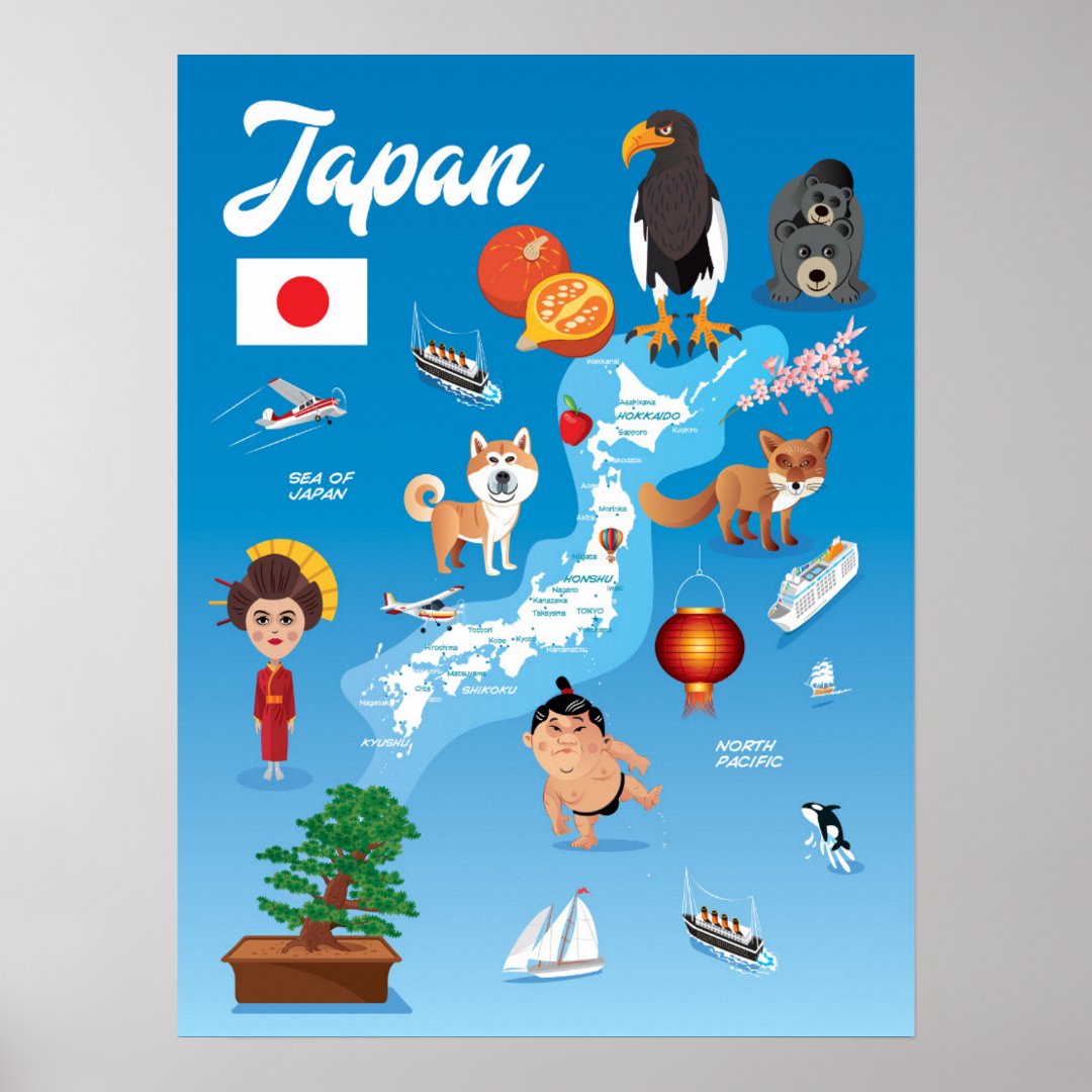 Kids Cartoon Map of Japan Poster | Zazzle