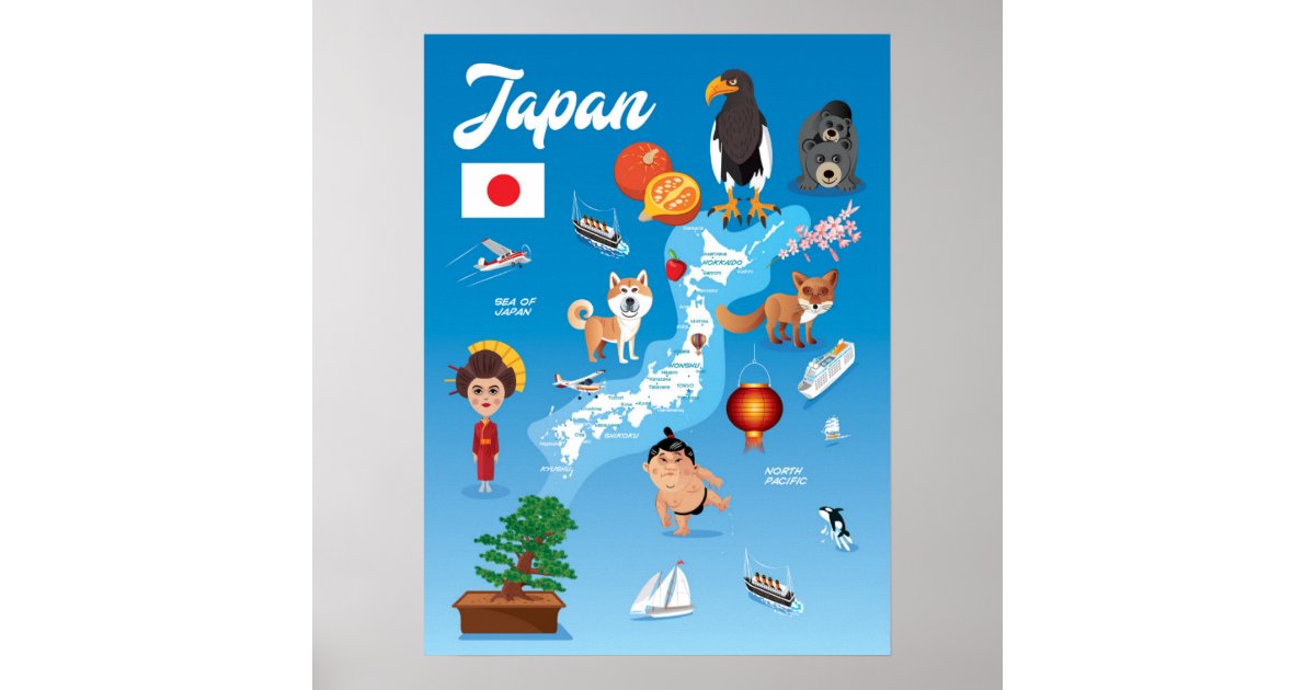 Kids Cartoon Map of Japan Poster | Zazzle