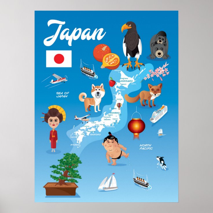 Kids Cartoon Map of Japan Poster | Zazzle