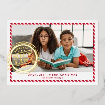 KIDS CHRISTMAS PHOTO fun Nice List stamp red gold Foil Holiday Card ...