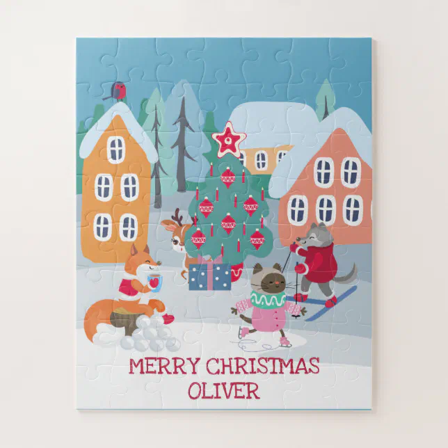 Kids Christmas Scene with Woodland Animals Jigsaw Puzzle | Zazzle