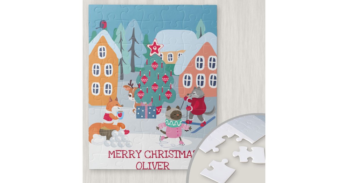 Kids Christmas Scene with Woodland Animals Jigsaw Puzzle | Zazzle