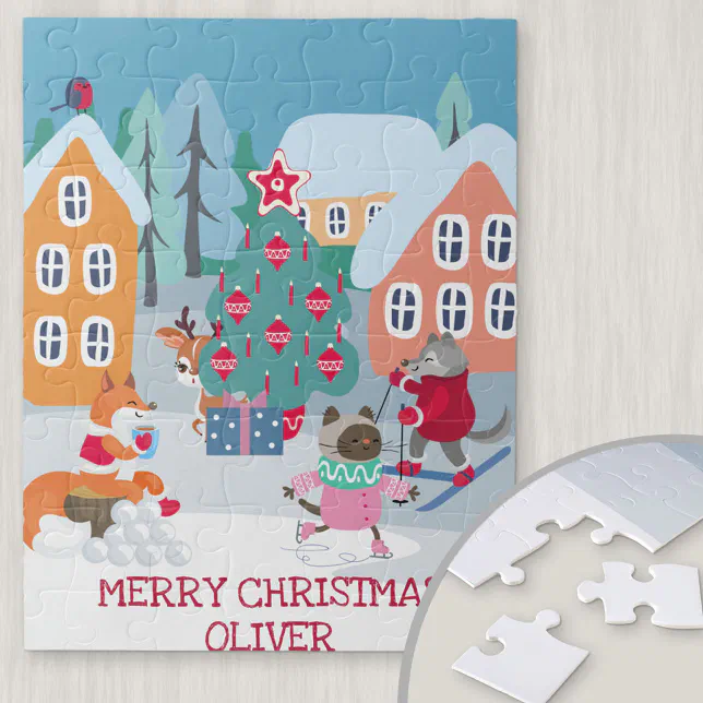 Kids Christmas Scene with Woodland Animals Jigsaw Puzzle | Zazzle